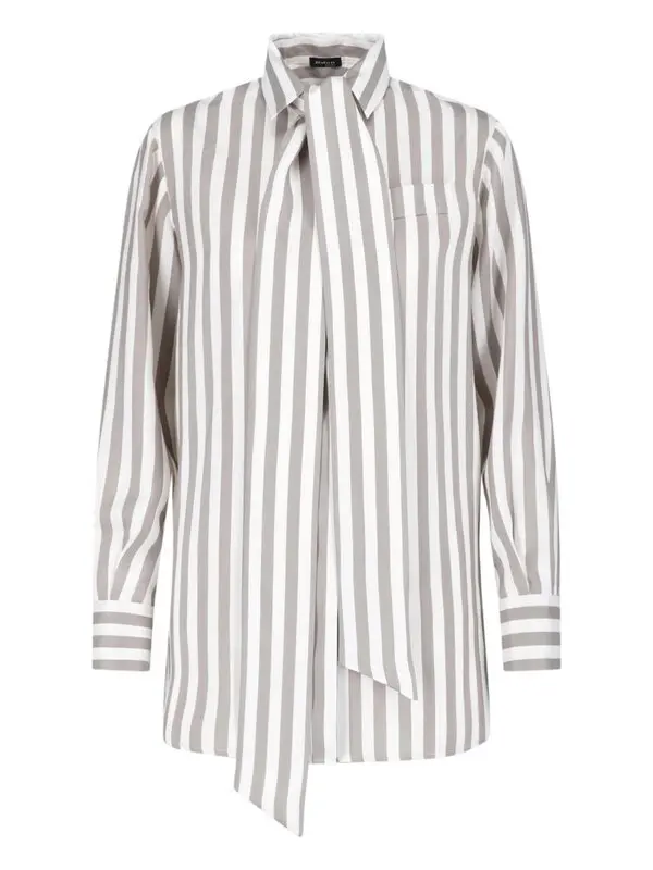 Kiton Striped Silk Shirt With Tie Detail - Beige