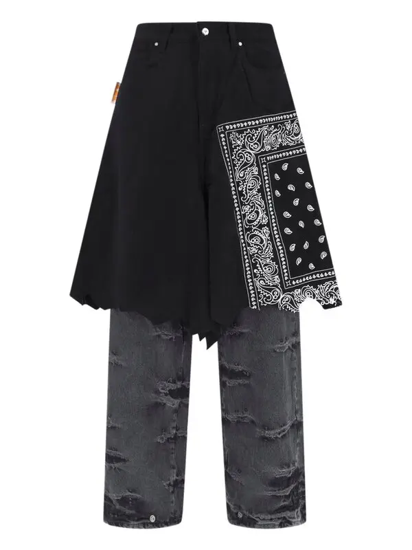 PDF Bandana Print Layered Distressed Wide-leg Jeans