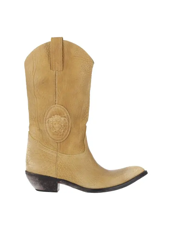 Versace Calf Leather Embossed Medusa Detail Boots - Taupe