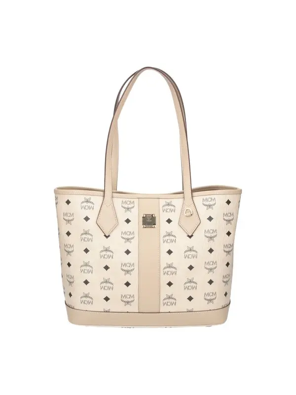 Mcm Monogrammed Leather Trimmed Tote Bag - Beige