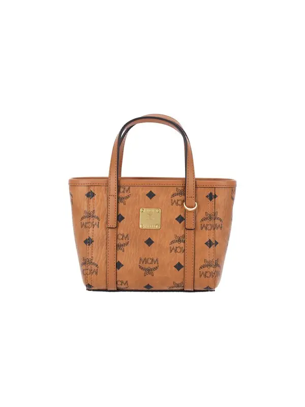 Mcm Monogrammed Leather Trimmed Tote Bag - Brown