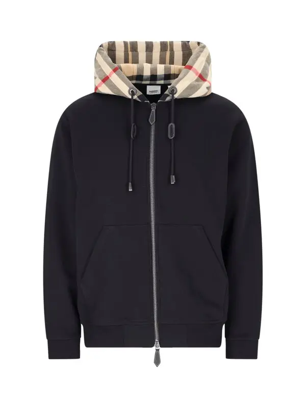 Burberry Cotton Check Pattern Drawstring Hooded Sweater With Front Zip Fw25