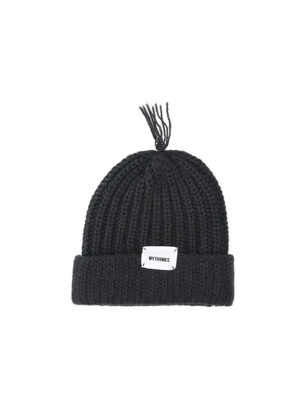 MYTHINKS Ribbed Knit Beanie With Pom Detail - Black