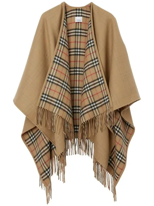 Burberry Reversible Wool Cape With Fringed Edges - Beige