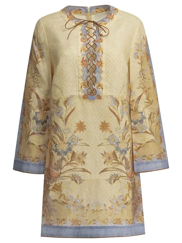 Zimmermann Printed Linen Mini Tunic Dress - Beige