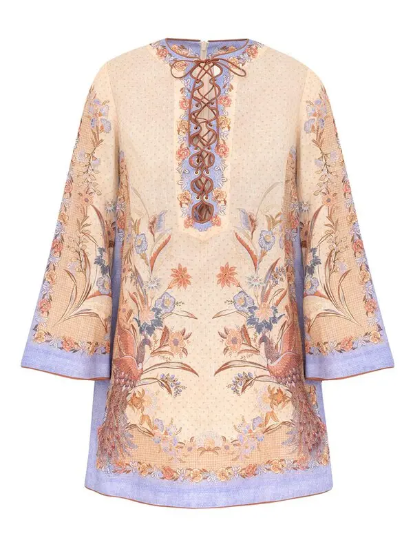 Zimmermann Printed Linen Mini Tunic Dress - Beige
