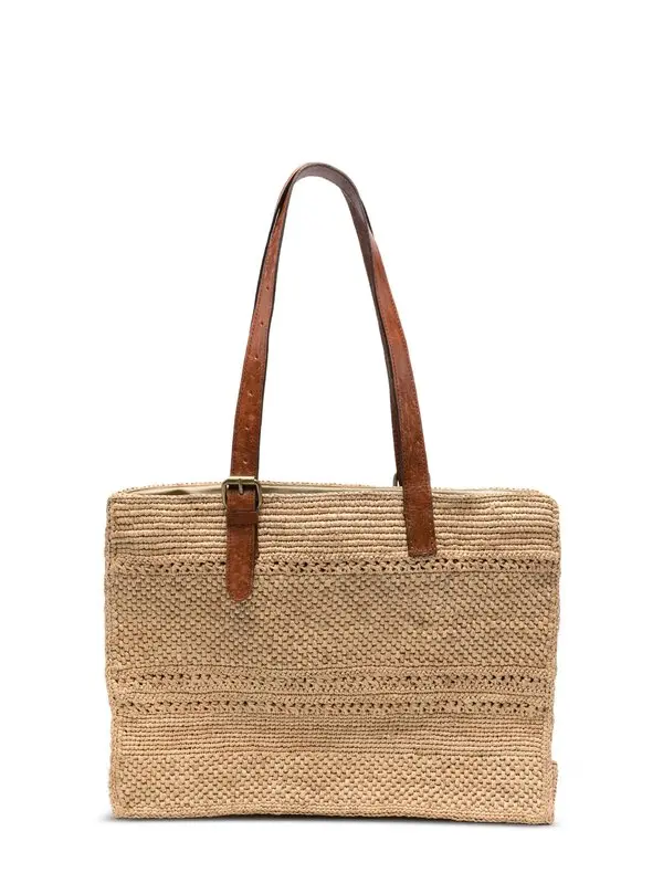 IBELIV Natural Raffia Mini Tote Bag With Leather Top Handles - Beige