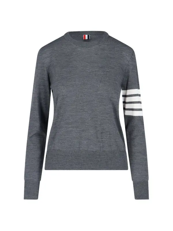 Thom Browne 100% Virgin Wool Crewneck Sweater With Signature Stripes - Grey