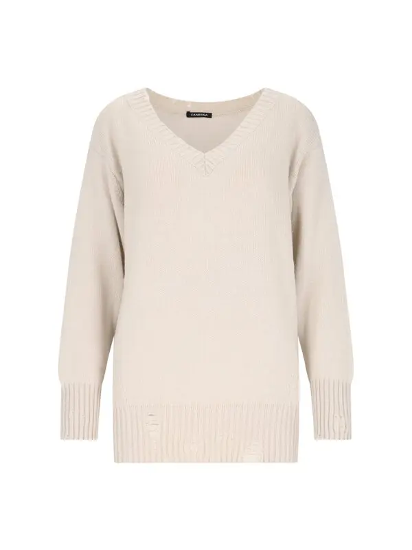 CANESSA 100% Cashmere V-neck Distressed Sweater - White