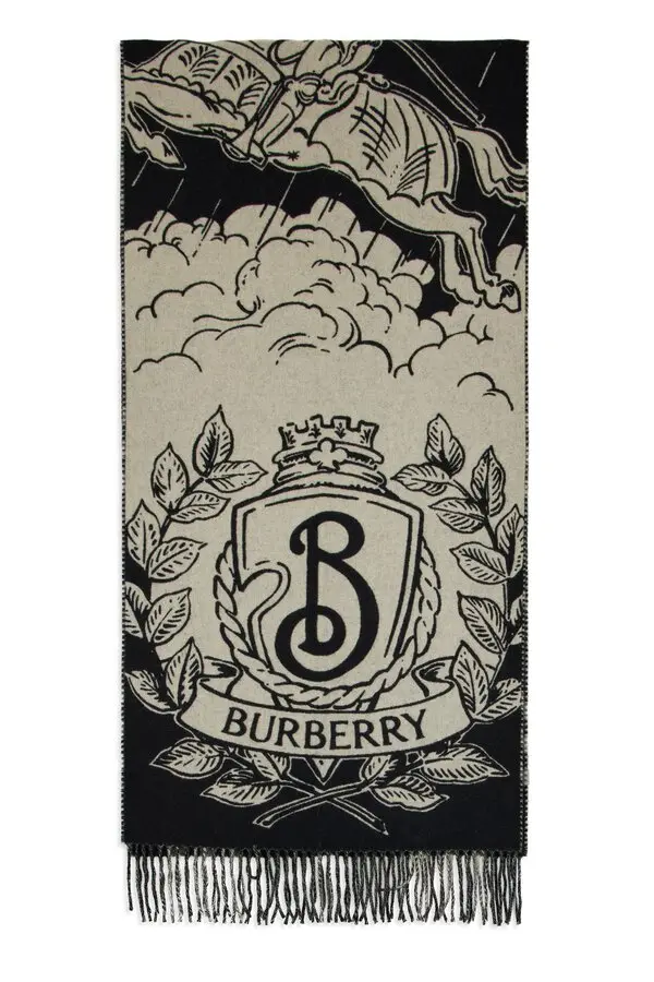 Burberry Reversible Cashmere Scarf With Fringed Edges And Jacquard Natural Pattern - Black