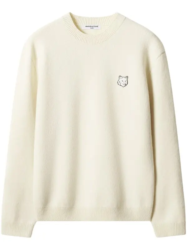 Maison Kitsuné 100% Wool Cardigan With Fox Applique - Ecru