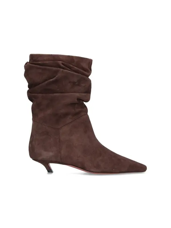 Amina Muaddi Slouchy Suede Kitten Heel Pointed Toe Ankle Boots
