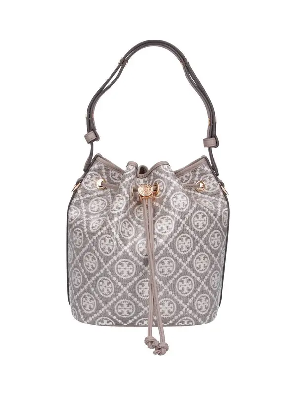 Tory Burch Monogrammed Canvas Bucket Bag With Leather Trim - Grey