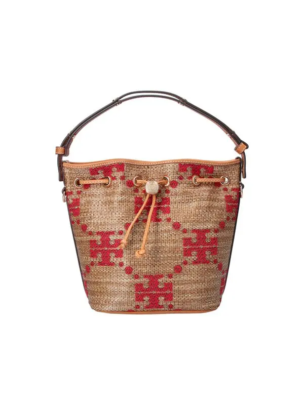 Tory Burch Bucket Bag With Leather Trim And Monogram - Brown