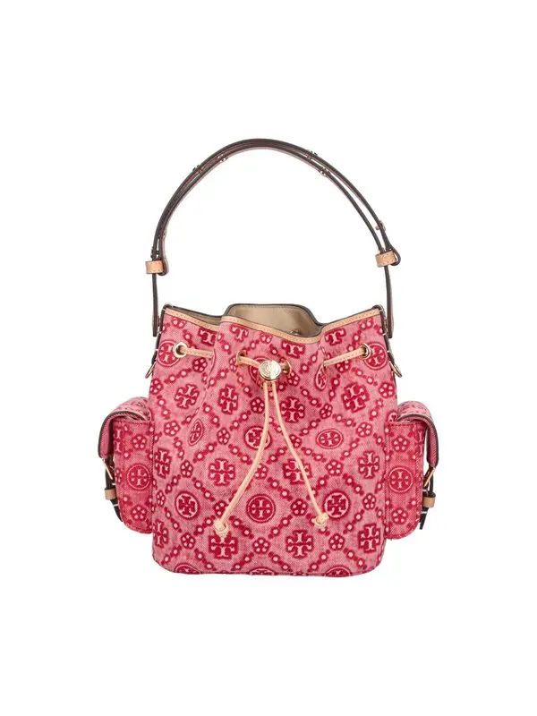 Tory Burch Monogrammed Bucket Bag With Leather Trim - Red