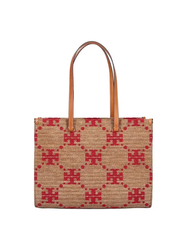 Tory Burch Tote Bag With Leather Trim And Monogram Pattern - Brown