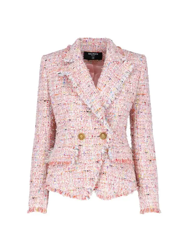 Balmain Textured Tweed Double-breasted Blazer With Fringed Trim