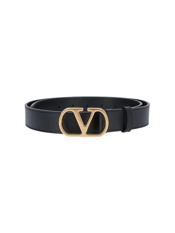 Valentino Garavani Leather Belt With V Logo Buckle - Black