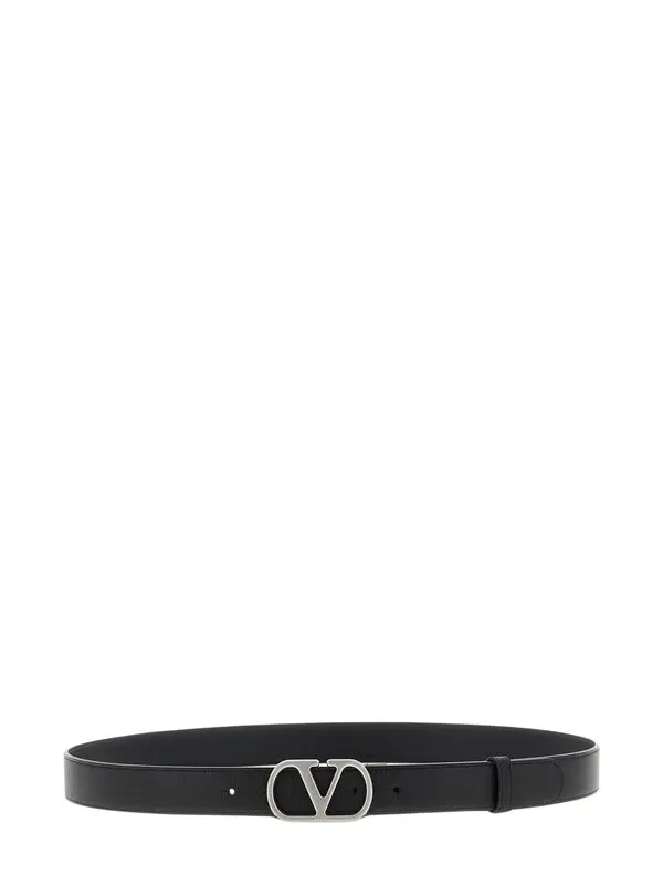 Valentino Garavani Calf Leather Belt With Gold Tone V Logo Buckle - Black