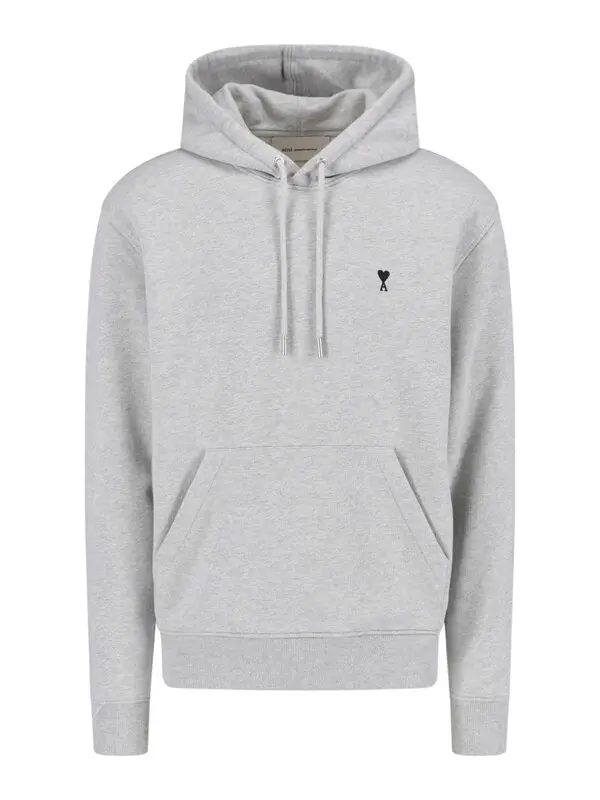 AMI Paris 100% Cotton Hooded Sweatshirt With Heart Logo - Grey