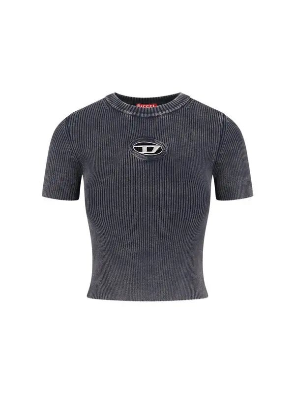 DIESEL® Ribbed Knit Short Sleeve Top With Logo Plaque