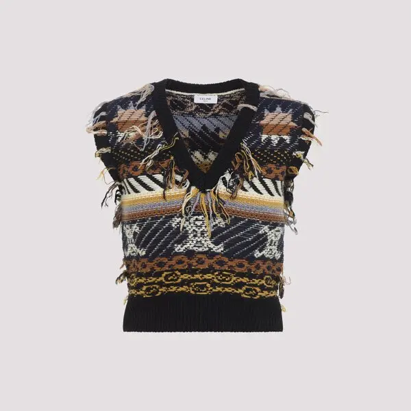 Celine Tribal" Patterned Knit Vest With Fringe Detail - Multicolour