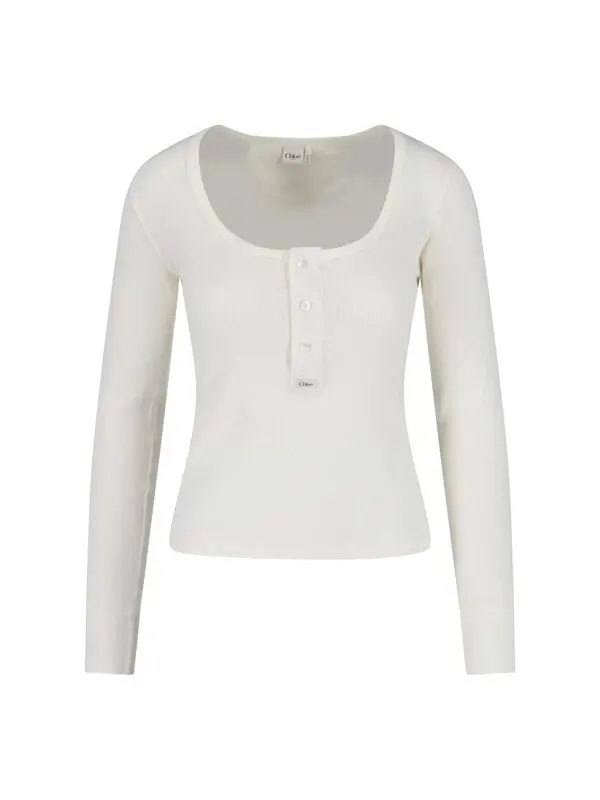 Chloé Ribbed Cotton Henley Top - White