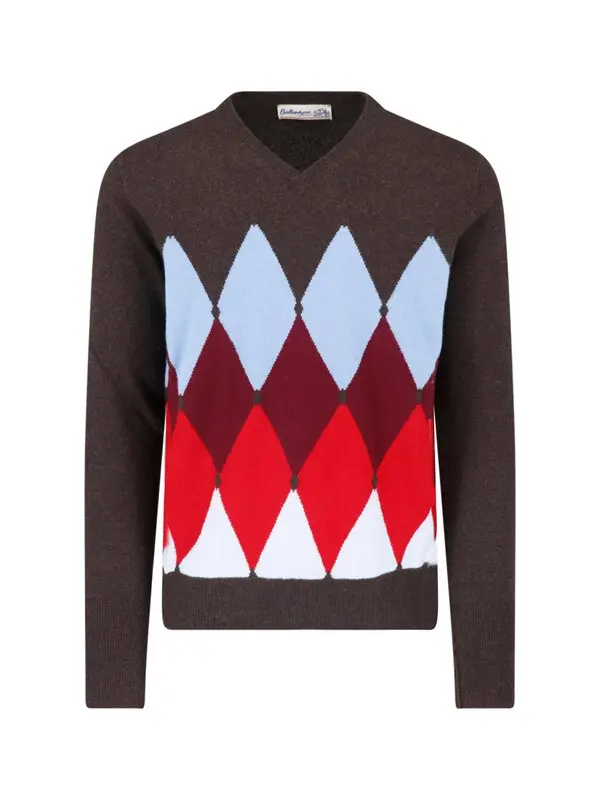 BALLANTYNE Argyle Patterned Fine Knit Crew Neck Pullover Sweater - Brown