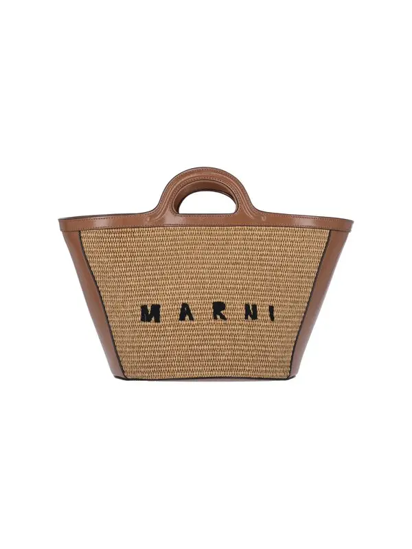 Marni Woven Straw Tote Bag With Leather Trim And Logo