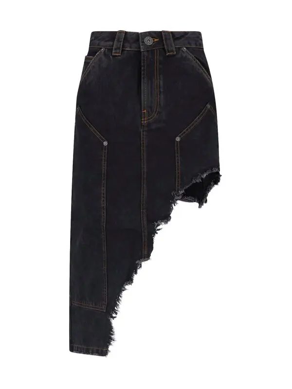 Vaquera Asymmetric Distressed Denim Midi Skirt