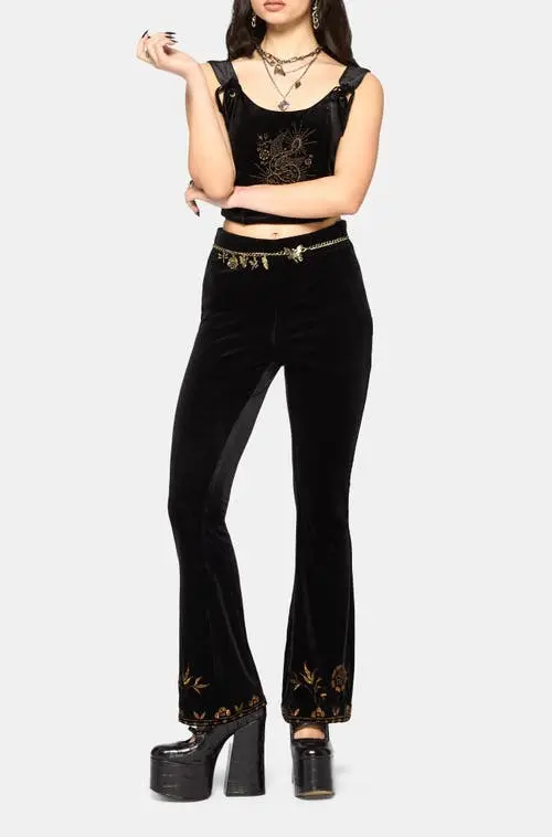DISTURBIA Kobra Velour Embroidered Flare Trousers