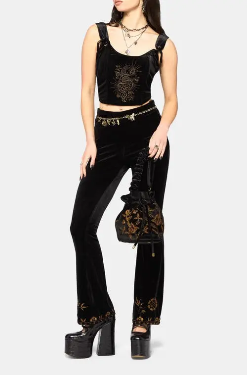 DISTURBIA Kobra Velour Embroidered Flare Trousers