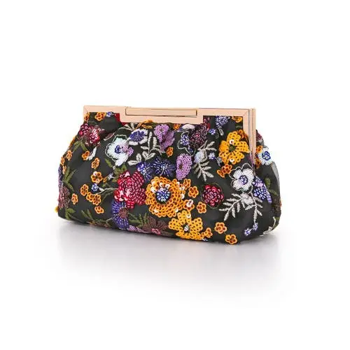 Badgley Mischka Rosalin Floral Sequin Beaded Pouch Clutch