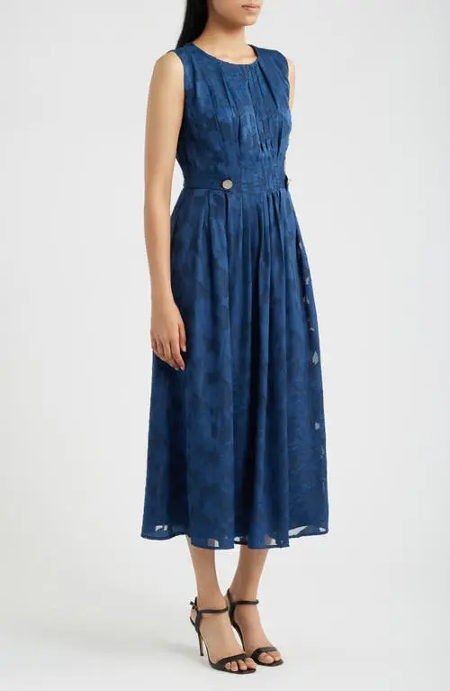 Anne Klein Pleated Floral Jacquard Midi A Line Dress - Blue Carbon