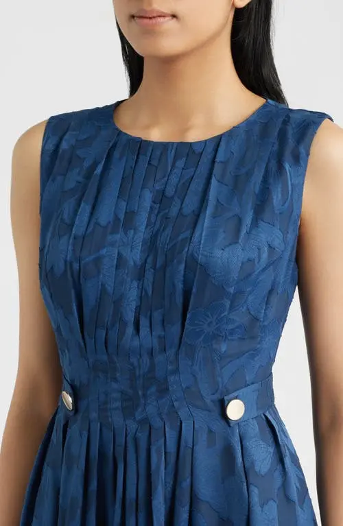 Anne Klein Pleated Floral Jacquard Midi A Line Dress - Blue Carbon
