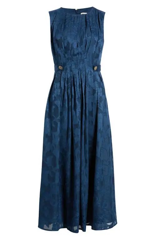 Anne Klein Pleated Floral Jacquard Midi A Line Dress - Blue Carbon