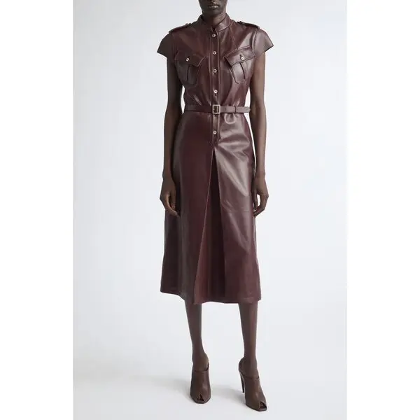 Alexander McQueen Leather Midi Shirtdress - Lacquer