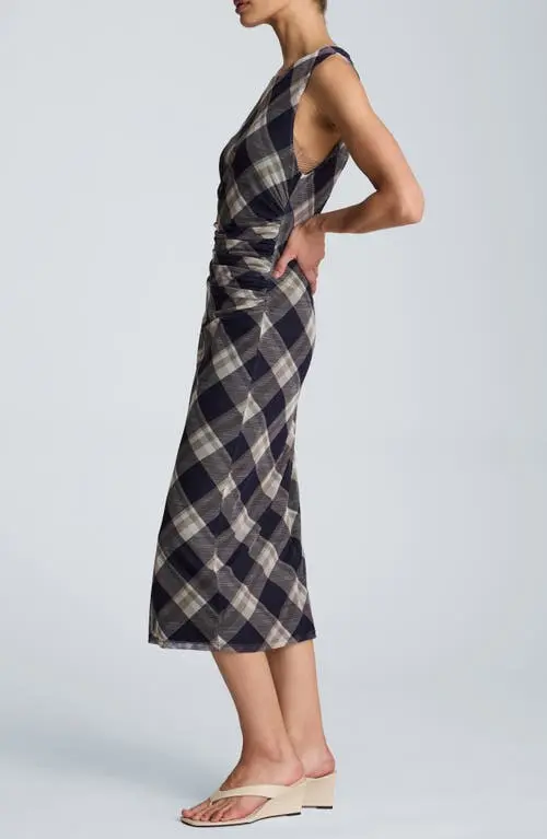 KENNETH COLE Ruched Plaid Midi Dress