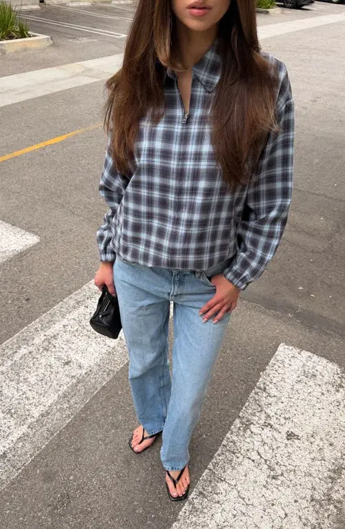 WAYF Adeline Plaid Cropped Bomber Jacket