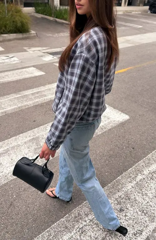 WAYF Adeline Plaid Cropped Bomber Jacket