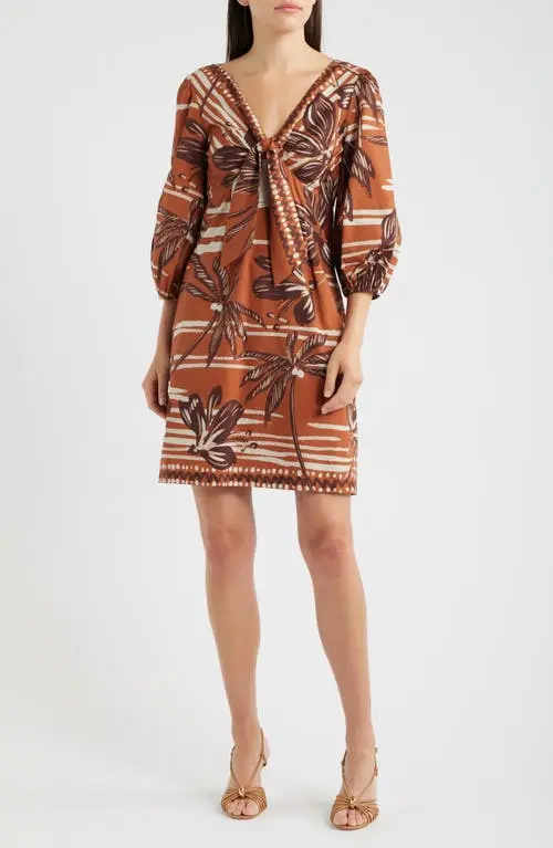 Julia Jordan Knotted Tie Tropical Print Mini Dress - Brown Multi