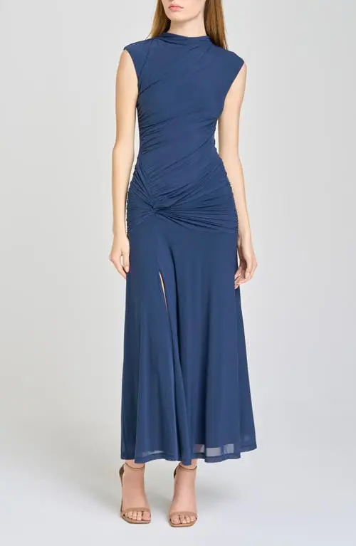 WAYF Sarielle Ruched Midi Dress - Navy