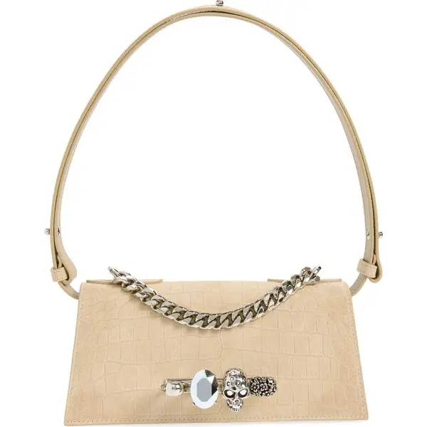 Alexander McQueen Mini Jeweled Croc Embossed Suede Top Handle Bag - Zinc