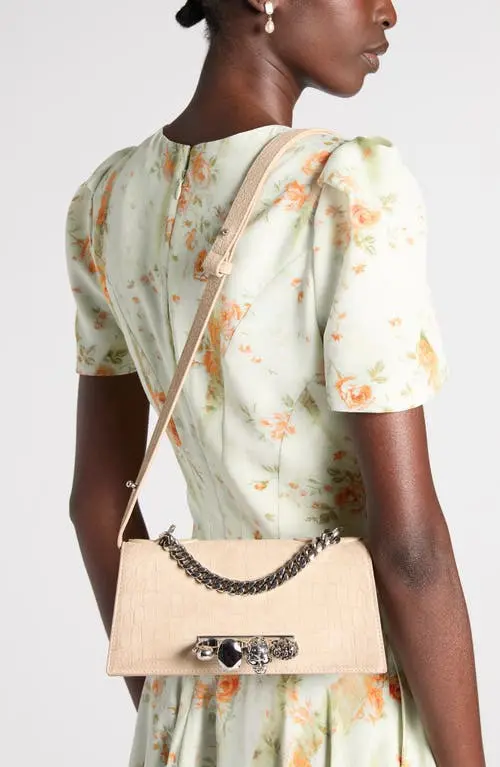 Alexander McQueen Mini Jeweled Croc Embossed Suede Top Handle Bag