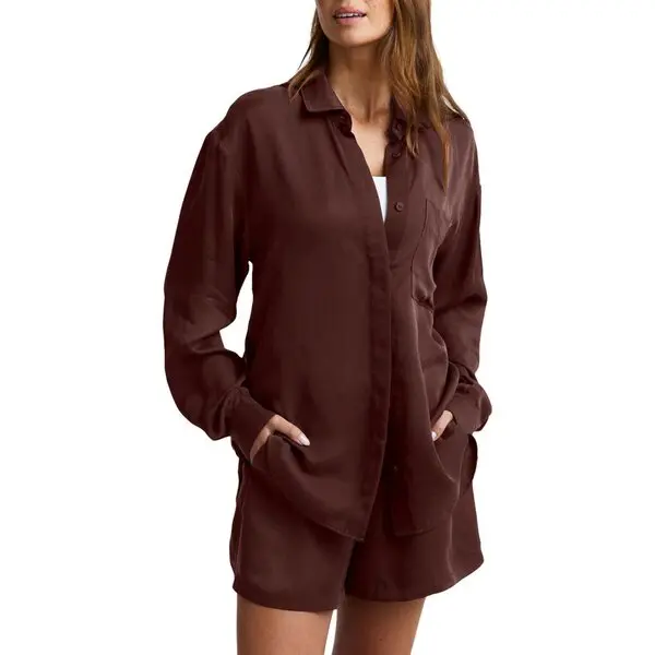 Beyond Yoga Sunkissed Cupro Button Down Shirt - Iced Mocha