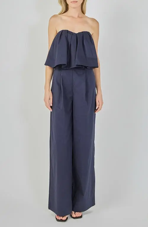 Endless Rose Strapless Pintucked Wide-leg Jumpsuit - Navy
