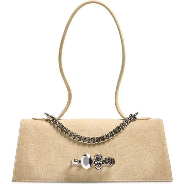Alexander McQueen Jeweled Croc Embossed Suede Top Handle Bag