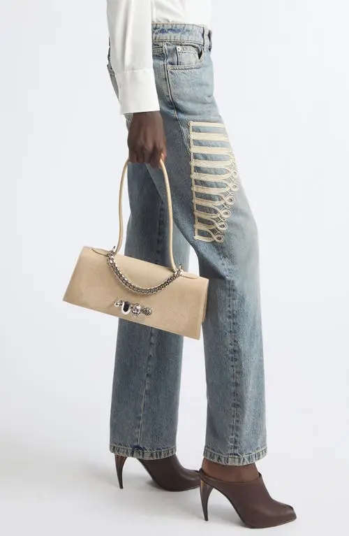 Alexander McQueen Jeweled Croc Embossed Suede Top Handle Bag