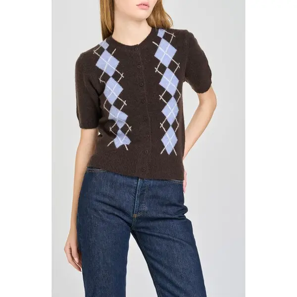 WAYF Esther Short Sleeve Cardigan - Brown/blue