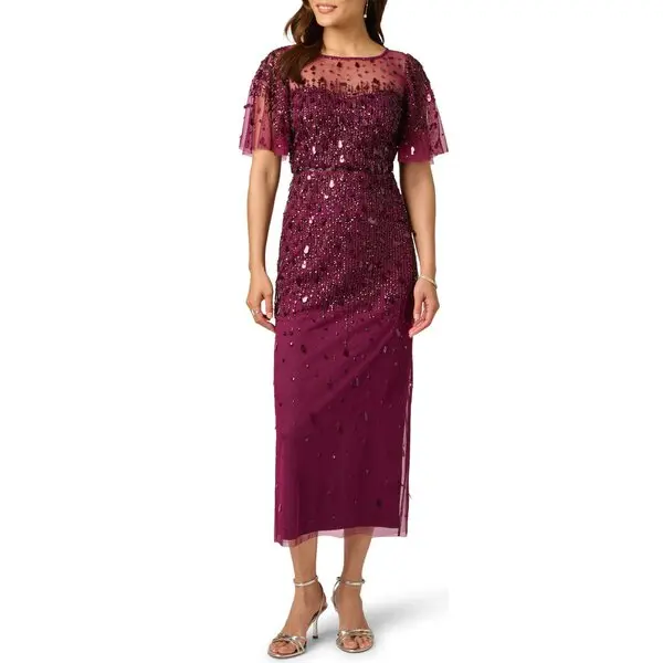 Adrianna Papell Beaded Flutter Sleeve Mesh Midi Dress
